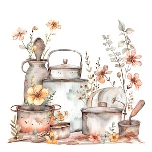 12 Floral Pots and Pans, Kitchen Clipart, Printable Watercolor Clipart ...
