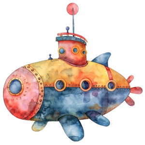 10 Cartoon Submarine Clipart, Toy Sub Clipart, Printable Watercolor ...
