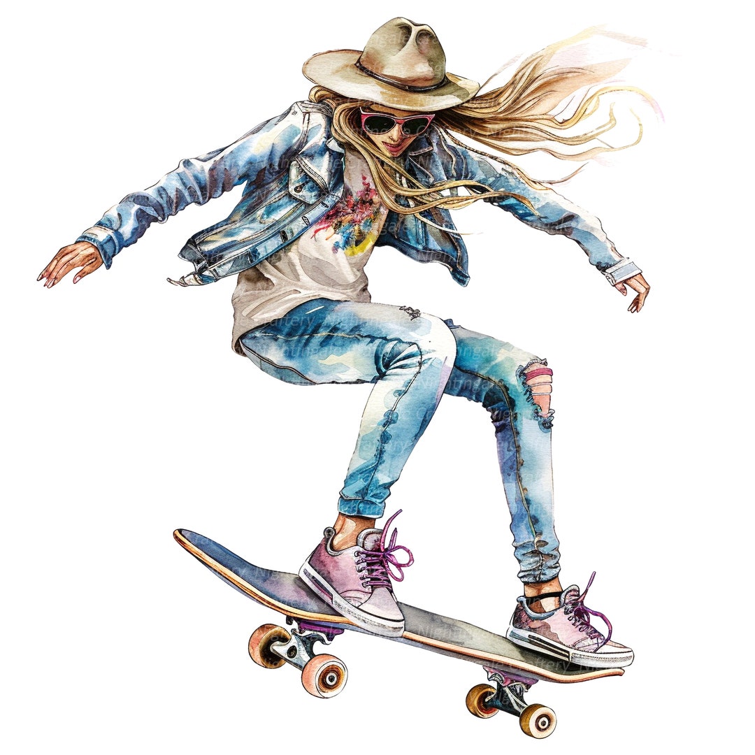 12 Skater Girl Skating Clipart, Skater Clipart, Printable Watercolor ...