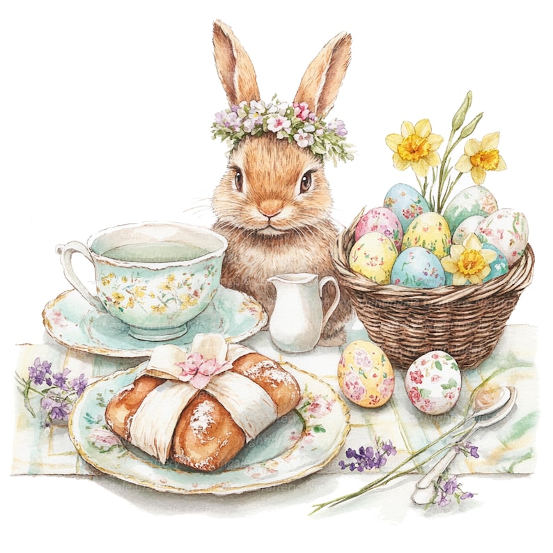 12 Easter Clipart, Spring Tea Party Clipart, Printable Watercolor ...