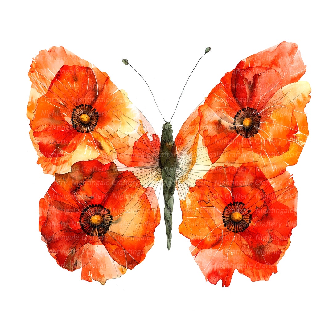 10 Poppies Butterfly Clipart, Floral Butterfly, Printable Watercolor ...