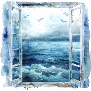 12 Window With Storm View Clipart, Window to Sea Clipart, Printable ...
