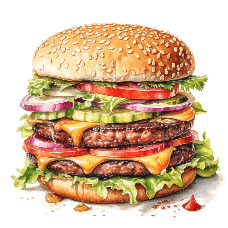 10 Tasty Hamburger Clipart, Fast Food Clipart, Printable Watercolor ...