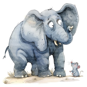 10 Elephant and Mouse Clipart, Cartoon Elephant, Printable Watercolor ...