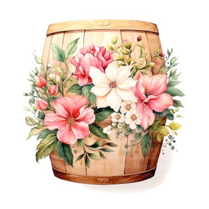 14 Floral Wooden Barrel Clipart, Floral Barrel, Printable Watercolor ...