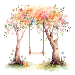 12 Swing in Tree Clipart Set 2, Floral Swing, Printable Watercolor ...
