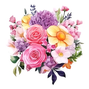 10 Flowers Bouquet Clipart, Bright Flowers, Printable Watercolor ...