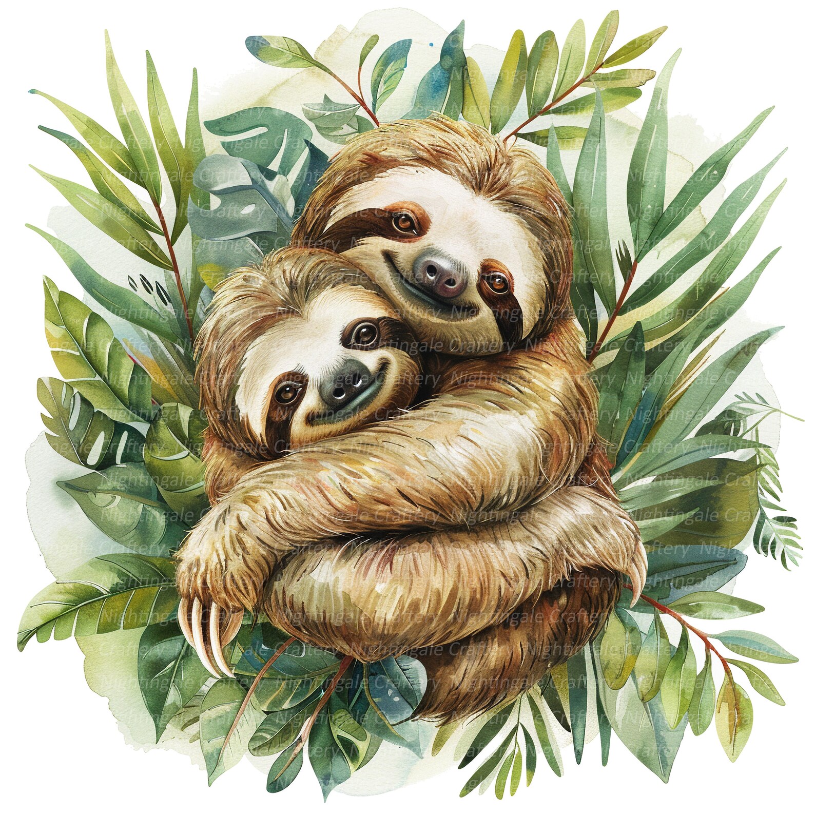 7 Sloths in Jungle Clipart, Sloths Friends, Printable Watercolor ...