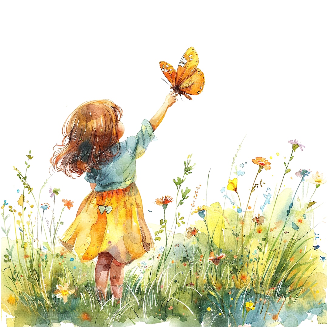 10 Girl and Butterfly Clipart, Little Girl, Printable Watercolor ...