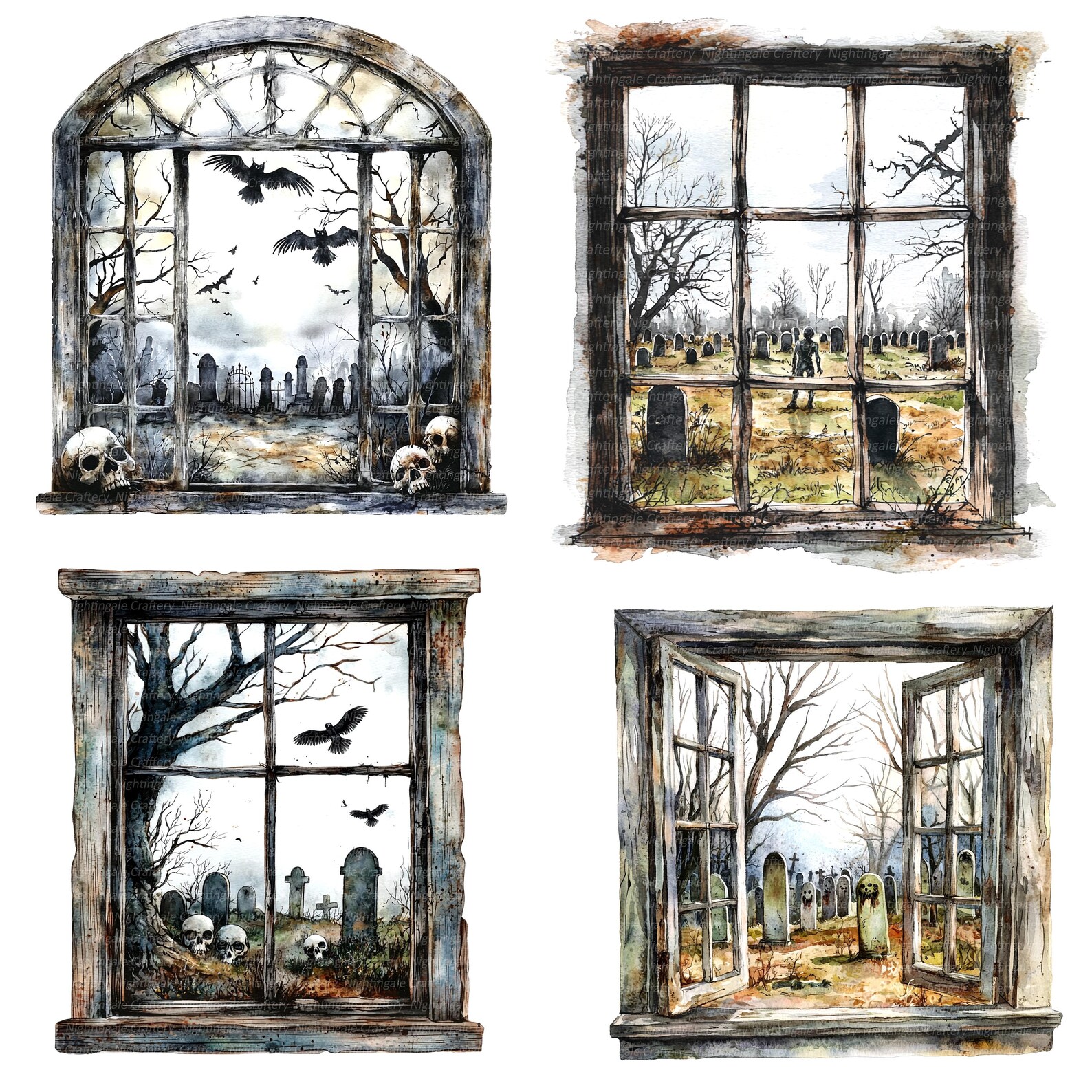 16 Window to Cemetery Clipart, Halloween Cemetery Clipart, Printable ...