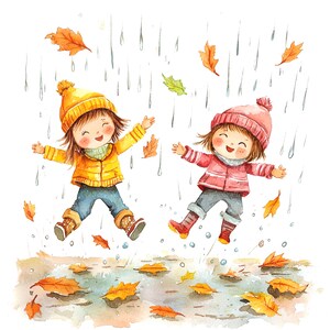 9 Kids in Autumn Clipart, Rain Puddles Clipart, Printable Watercolor ...
