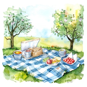 11 Spring Picnic Clipart, Picnic in Park, Printable Watercolor Clipart ...