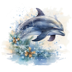 12 Christmas Dolphin Clipart, Christmas Card, Printable Watercolor ...