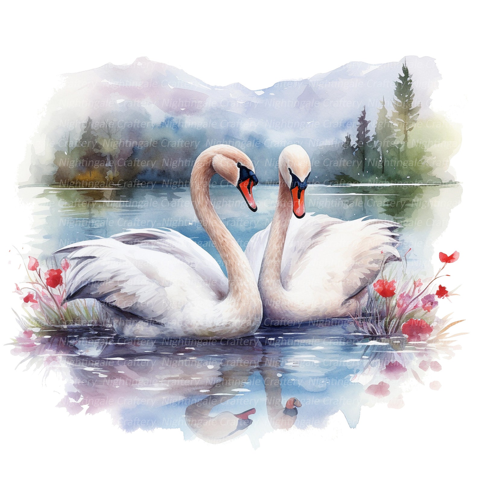 12 Swan Couple Clipart, Swans, Printable Watercolor Clipart, High ...