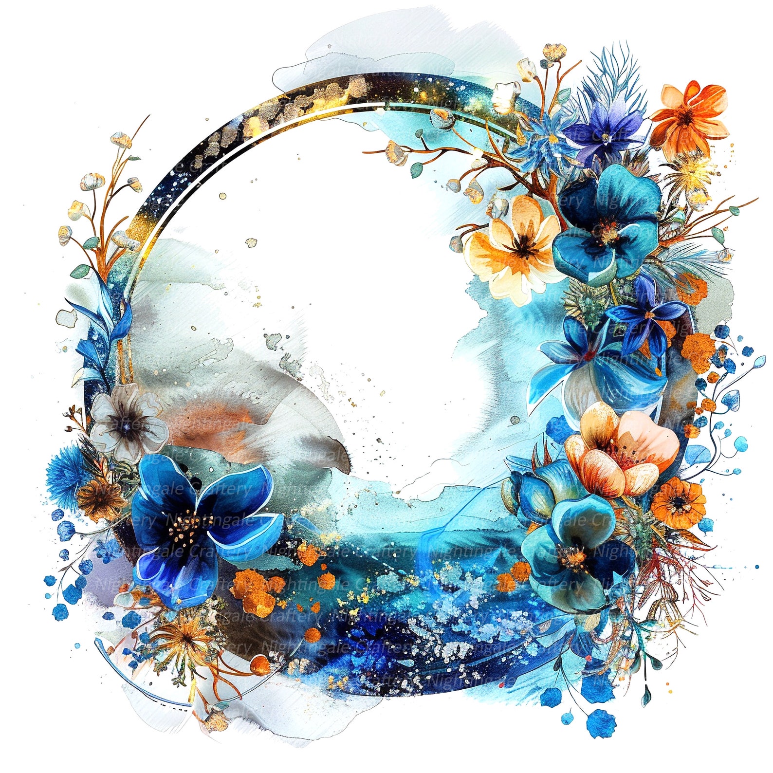 9 Floral Decor Circle, Florals, Digital Clipart, Watercolor Clipart ...