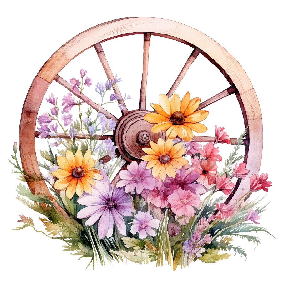 10 Floral Wheel Clipart, Wooden Wheel, Printable Watercolor Clipart ...