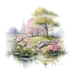 16 Floral Garden With Pond Clipart, Printable Watercolor Clipart, High ...