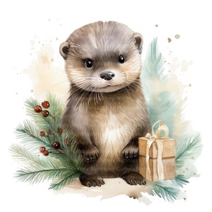 10 Christmas Otter Clipart, Cute Otter Clipart, Printable Watercolor ...