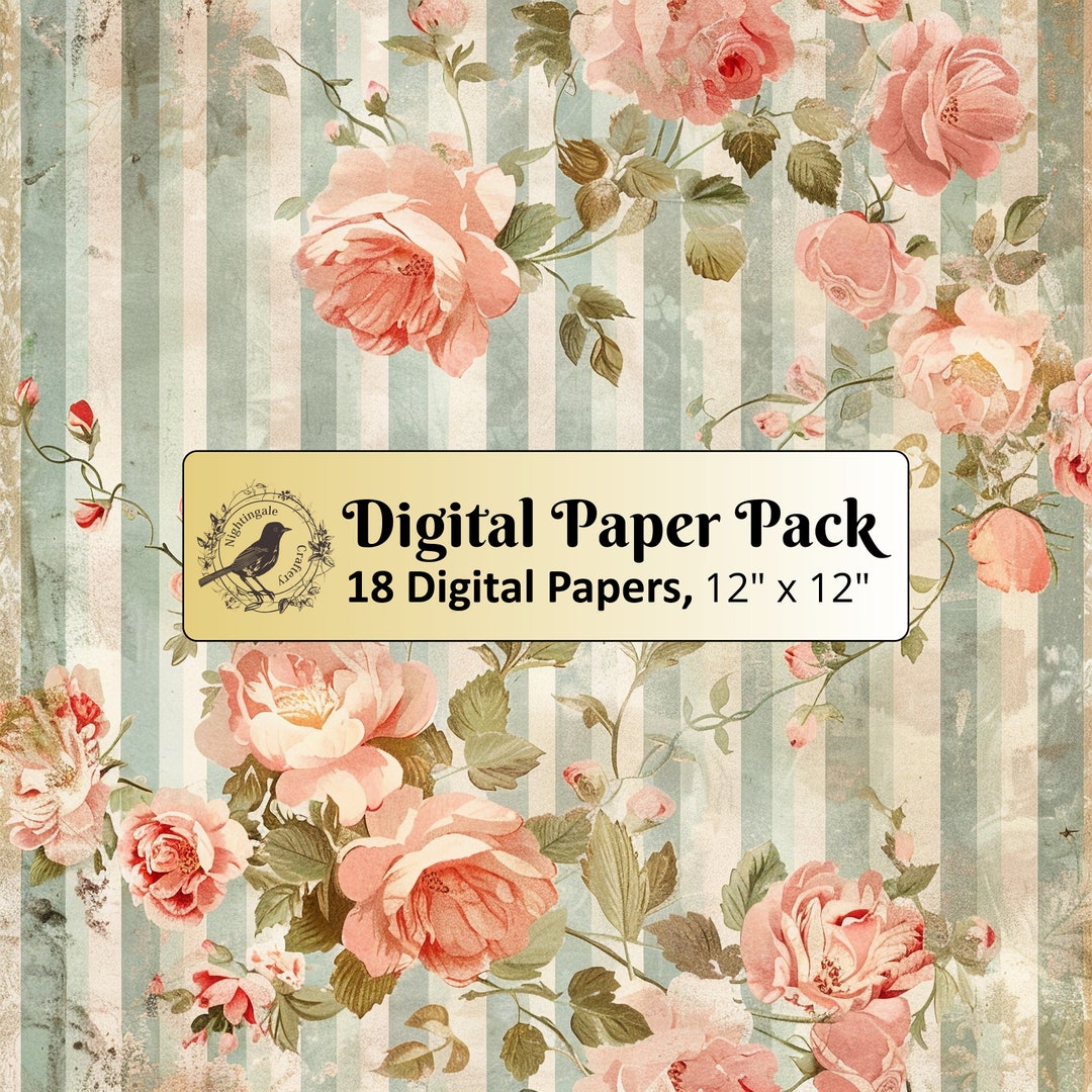 18 Vintage Roses and Stripes Background, 12 X 12 Digital Paper Pack ...