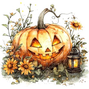 10 Halloween Pumpkin Clipart, Lantern Clipart, Printable Watercolor ...
