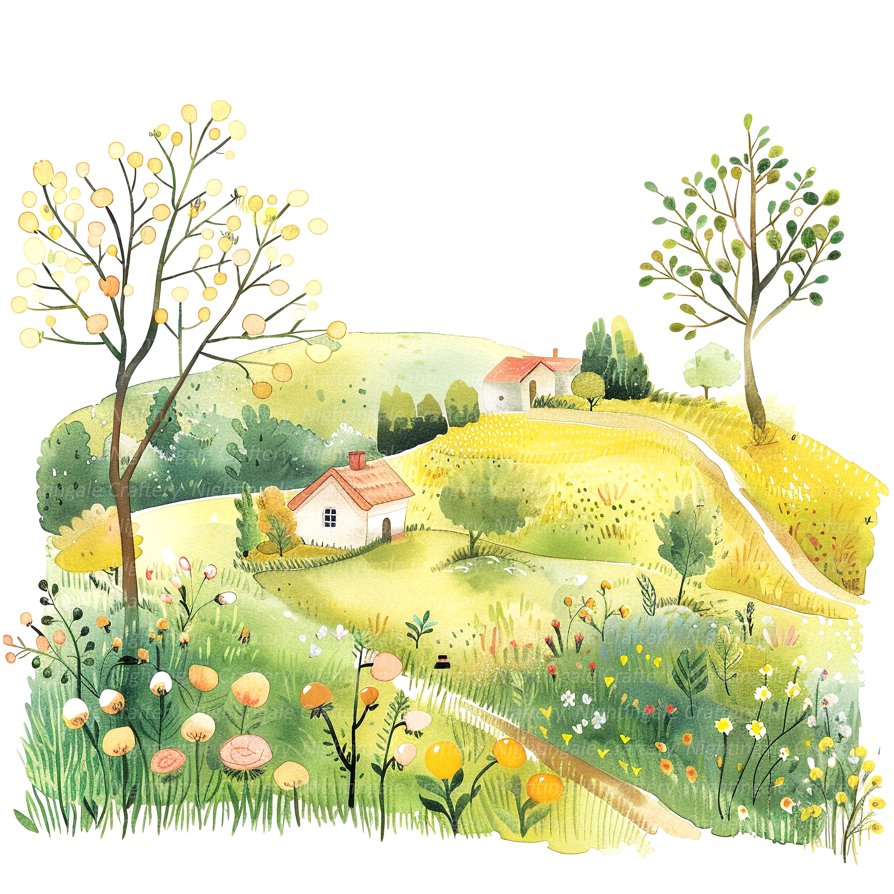 14 Spring Landscape Clipart, Spring Clipart, Printable Watercolor ...