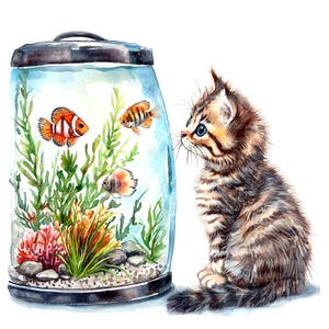 14 Kitten and Aquarium Clipart, Cat Clipart, Printable Watercolor ...