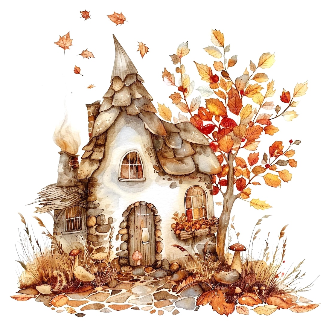 10 Autumn Fairy House Clipart, Autumn House Print, Printable Watercolor ...