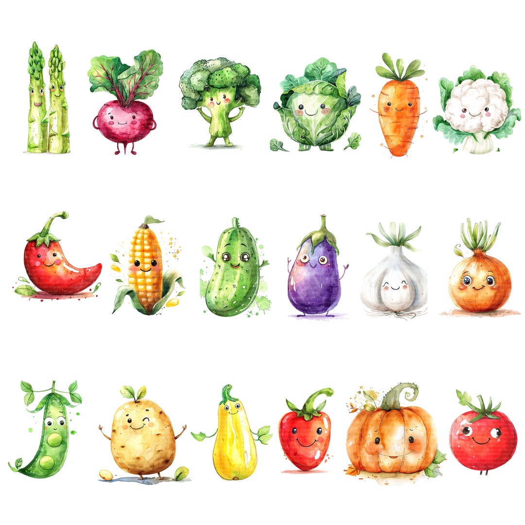 36 Cartoon Vegetables Clipart, Illustrations, Printable Watercolor ...