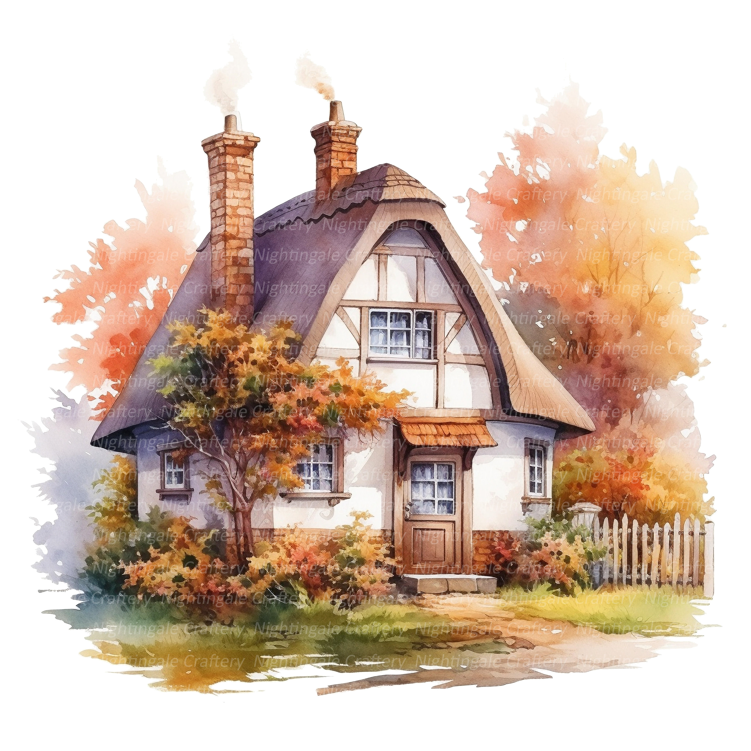 Cottage in Autumn Clipart Printable Watercolor Clipart 10 - Etsy