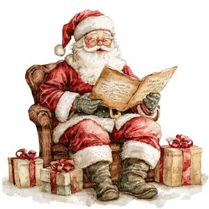 9 Christmas Santa Reading Letter Clipart, Printable Watercolor Clipart ...