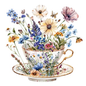 10 Wildflowers in Tea Cup Clipart, Floral Tea Cup, Printable Watercolor ...