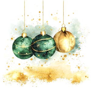 10 Christmas Card Clipart, Green Golden Baubles, Printable Watercolor ...