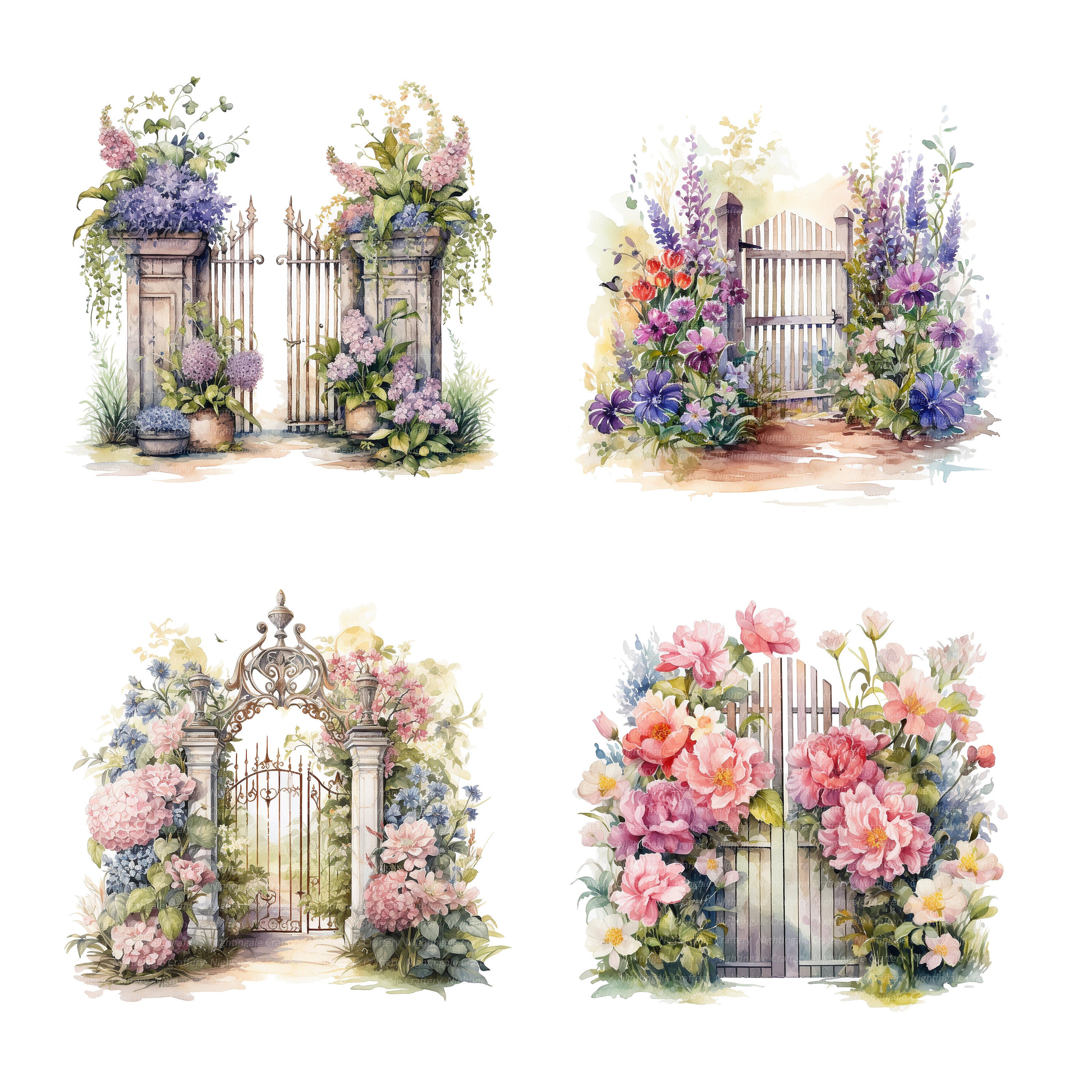 15 Floral Garden Gates Clipart, Flower Gates, Printable Watercolor ...