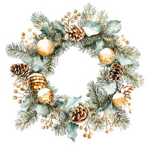 12 Christmas Wreath Clipart, Golden Wreath, Digital Clipart, Watercolor ...