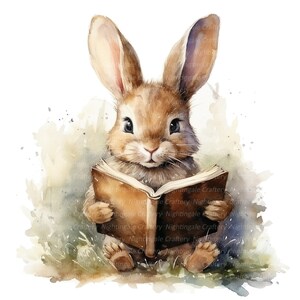12 Bunny Reading Book Clipart, Bunny Clipart, Printable Watercolor ...