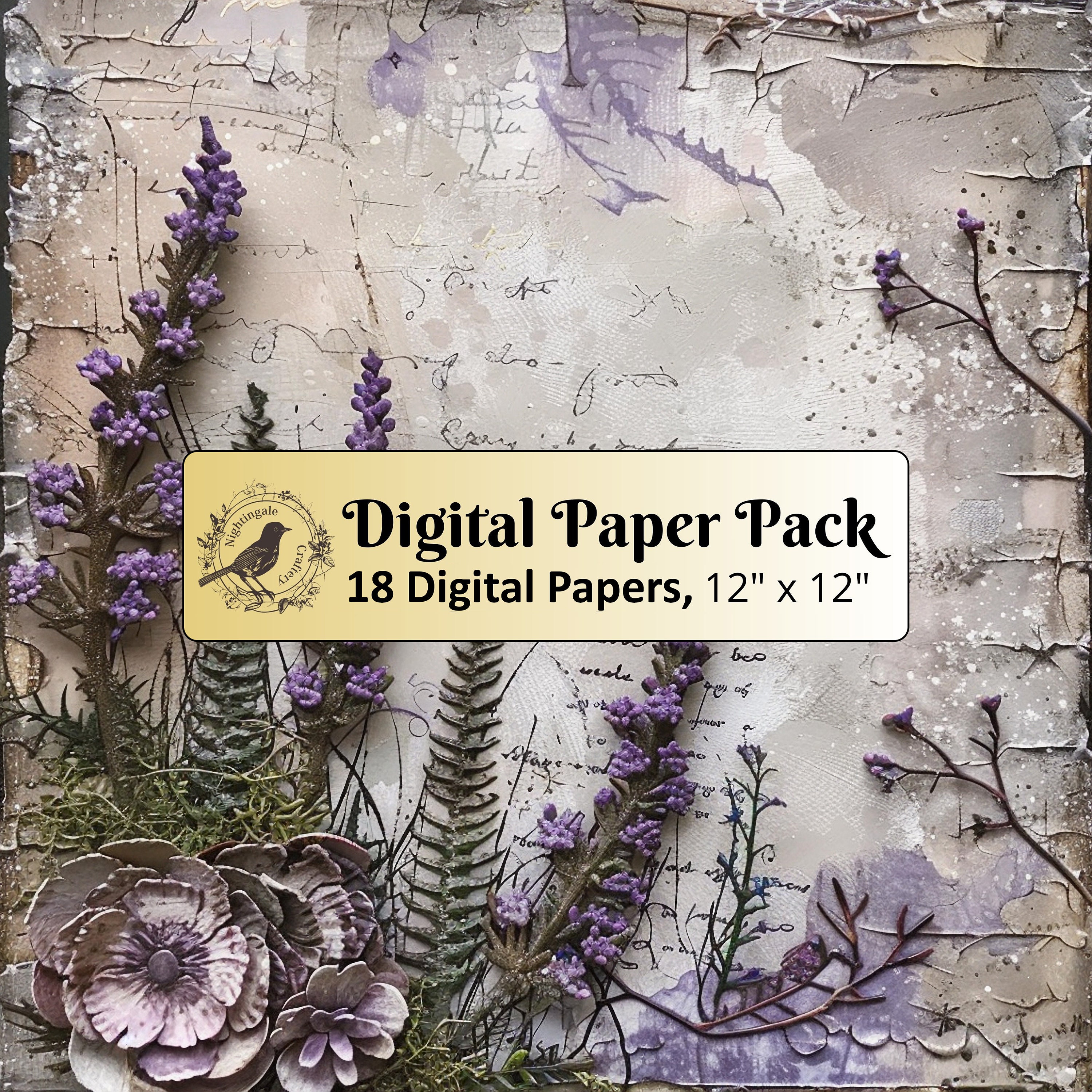 18 Vintage Lavender Foliage Papers, 12 X 12 Digital Paper Pack, Junk ...
