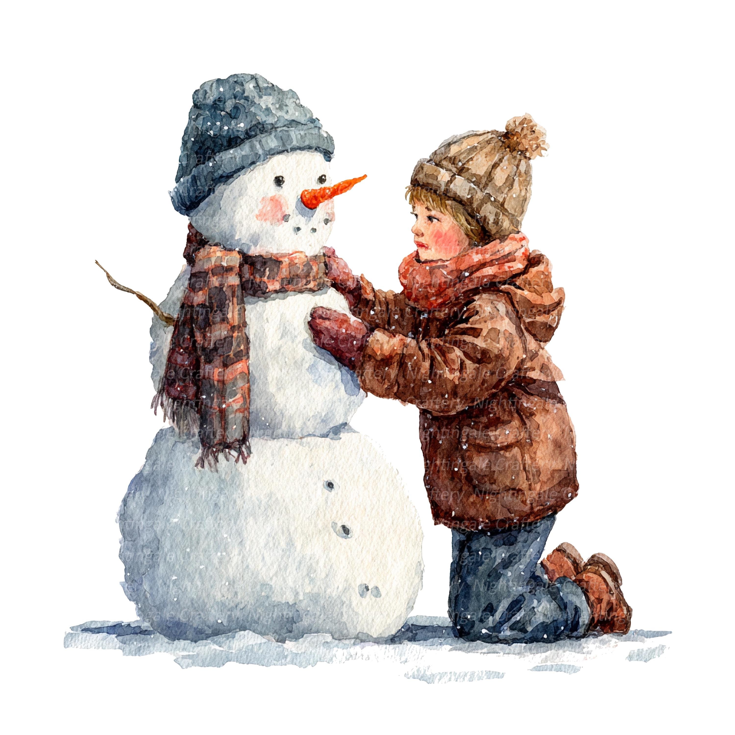 10 Kids and Snowman Clipart, Kid in Winter, Printable Watercolor ...