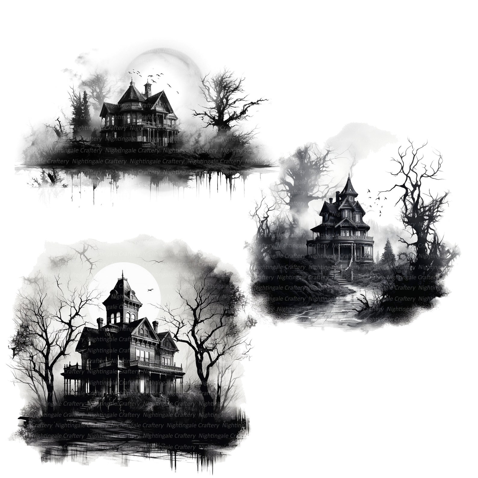 14 Haunted House Ink Art Clipart, Printable Watercolor Clipart, High ...
