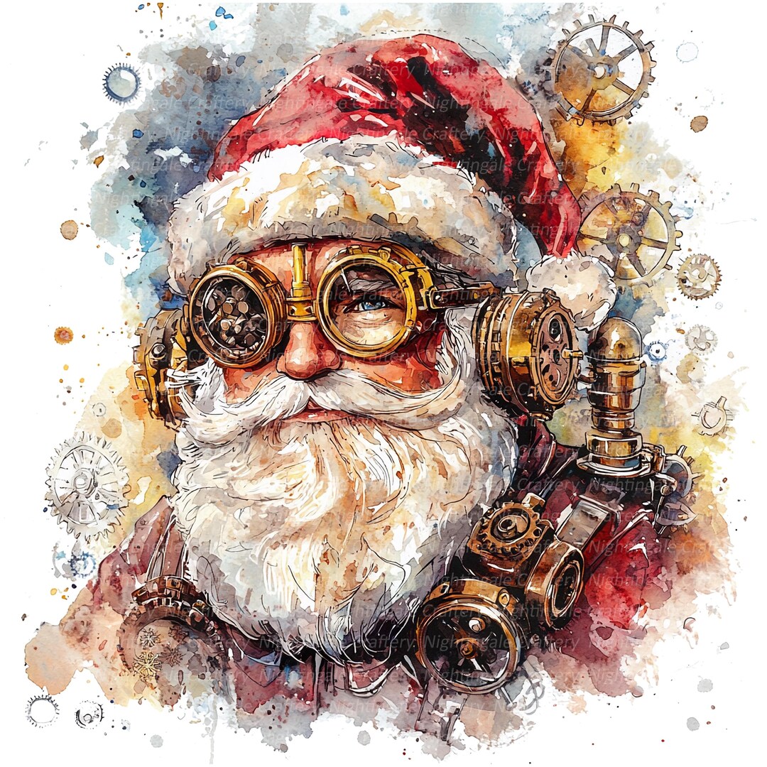 10 Steampunk Santa Claus Clipart, Christmas Santa, Printable Watercolor ...