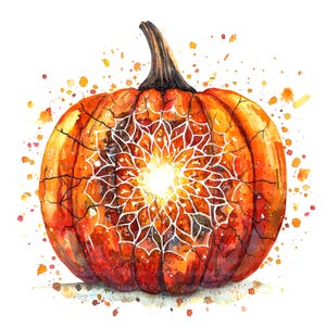 12 Halloween Pumpkin With Ornament Clipart 2, Printable Watercolor ...