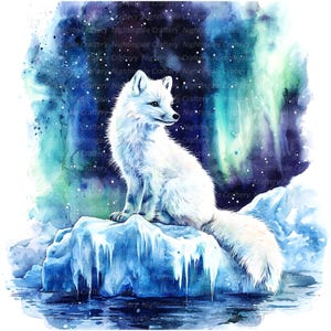 10 Polar Fox Clipart, Northern Lights Print, Printable Watercolor ...