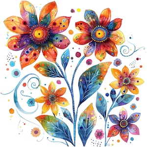 10 Whimsical Flowers Clipart, Wildflowers, Printable Watercolor Clipart ...