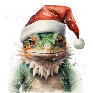 12 Lizard With Santa Hat Clipart, Grumpy Lizard, Printable Watercolor ...