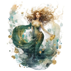 9 Mermaid Clipart, Golden Emerald Mermaid, Printable Watercolor Clipart ...