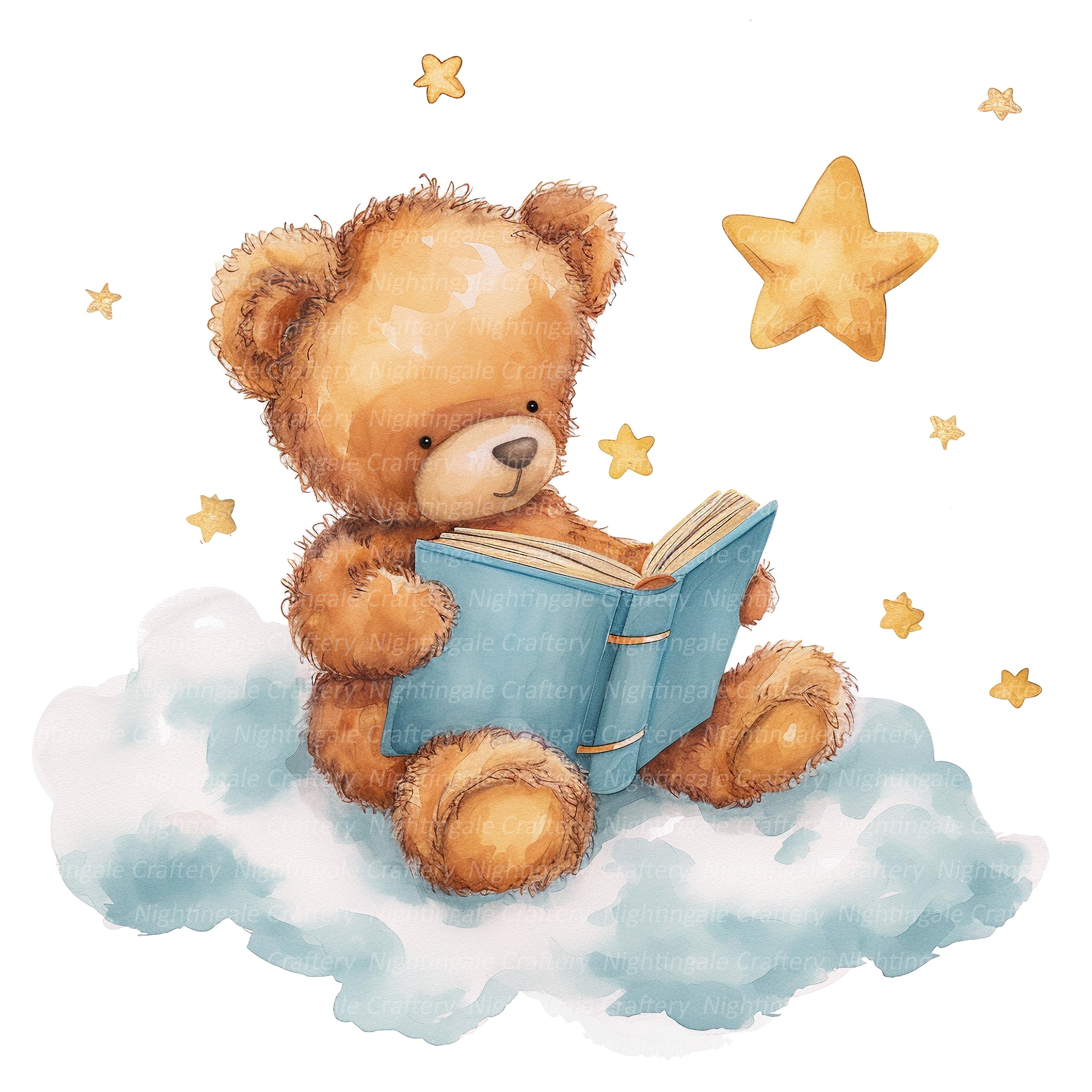 10 Teddy Bear Reading Clipart, Nursery Teddy, Printable Watercolor ...