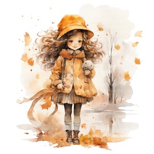10 Little Girl in Autumn Clipart, Printable Watercolor Clipart, High ...