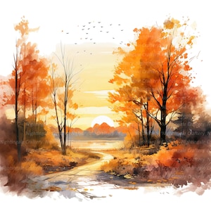 12 Sunset in Autumn Clipart, Fall Landscape, Printable Watercolor ...