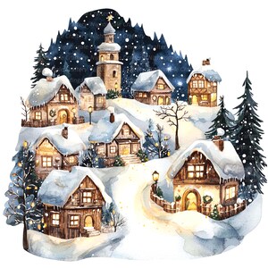 10 Christmas Village Clipart, Christmas Card, Printable Watercolor ...