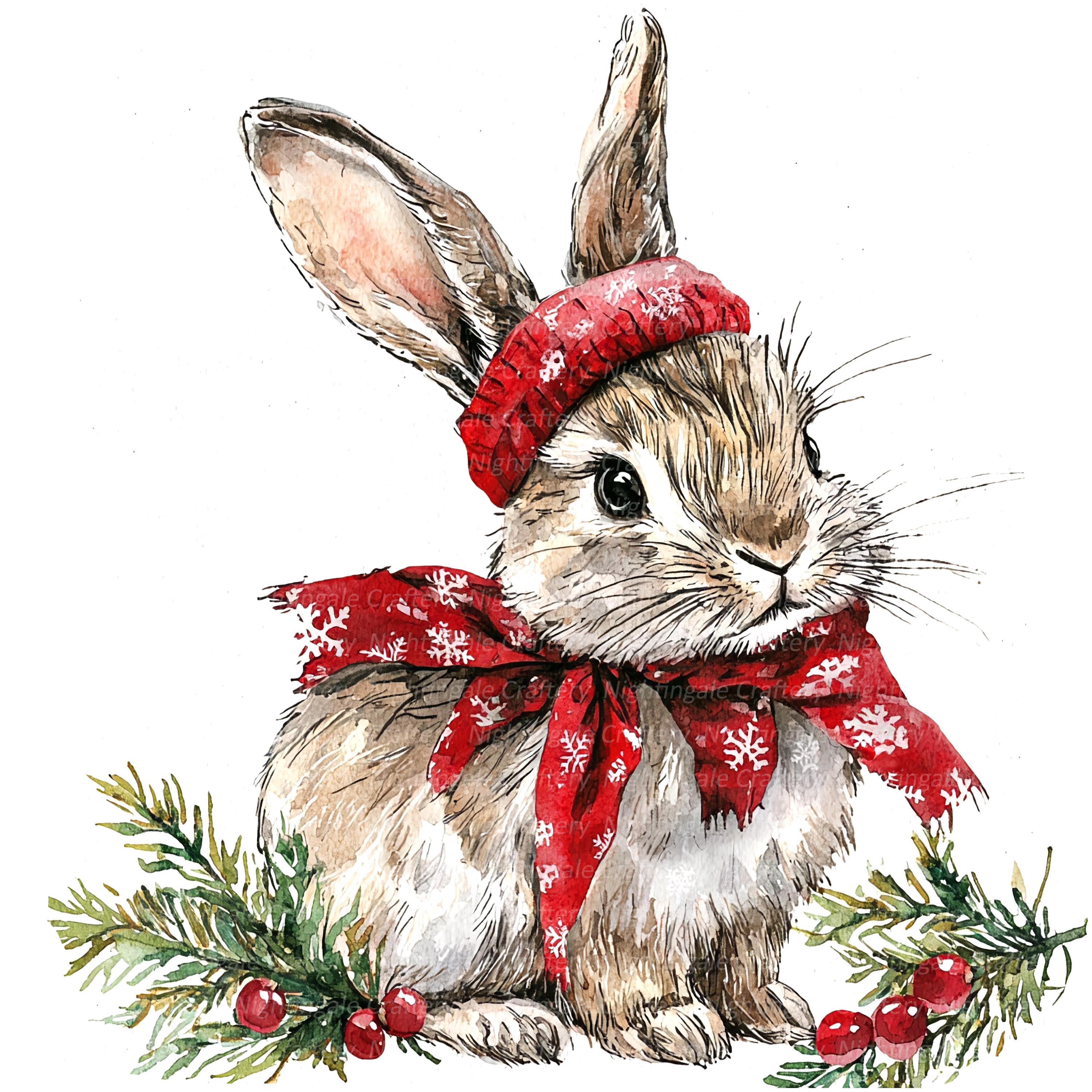14 Christmas Bunny Clipart, Retro Bunny, Printable Watercolor Clipart ...