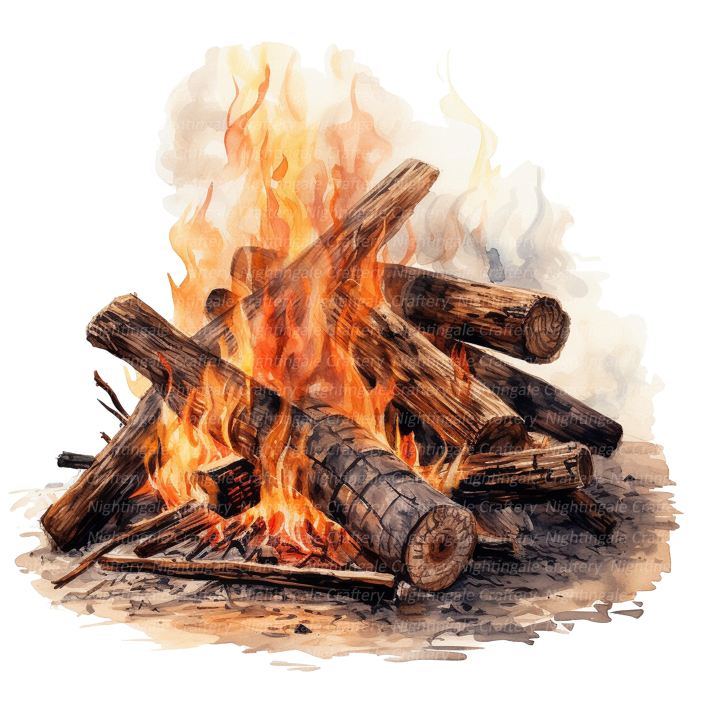 10 Bonfire Campfire Clipart, Firewood Clipart, Printable Watercolor ...